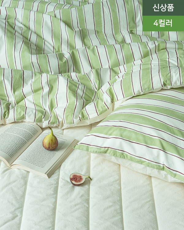 캔버스 고밀도 60수 순면 핸드드로잉 스트라이프 차렵이불 - 올리브 [S/SS,Q/K/EK]
